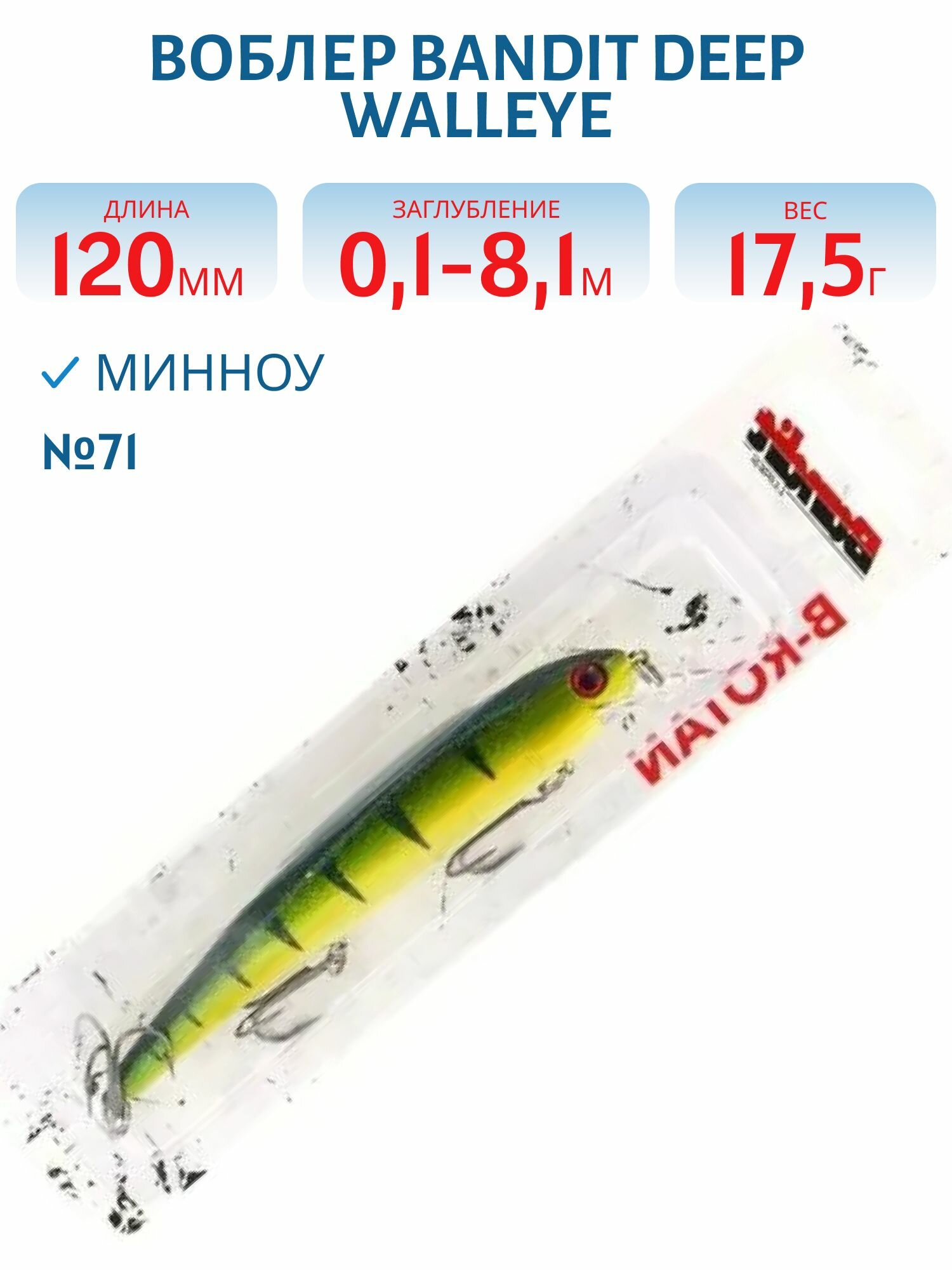 Воблер BANDIT DEEP WALLEYE, 120 мм, 17,5 гр, цвет 71
