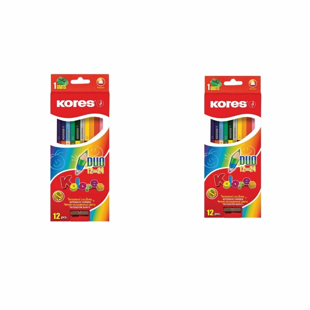 Kores Карандаши цветные трехгранные, двусторонние с точилкой, 24 цвета 12 шт, 2 шт.