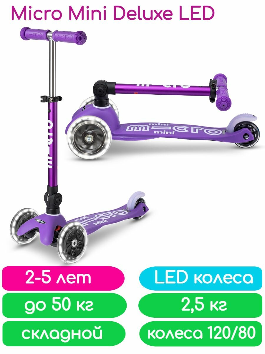 Самокат Mini Micro Deluxe складной LED сиреневый MMD199 (светящиеся колеса)