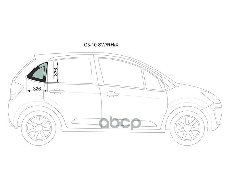 Стекло кузова боковое (не опускное) (Справа/ Цвет зеленый) Citroen C3 09-16 XYG арт. C3-10 SW/RH/X