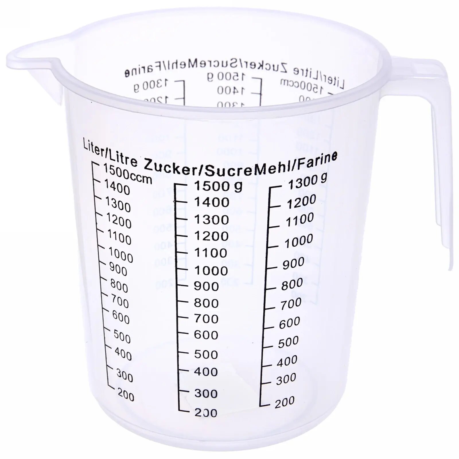 Ёмкость мерная 1,5л с черной шкалой, удобная ручка, прозрачный пластик