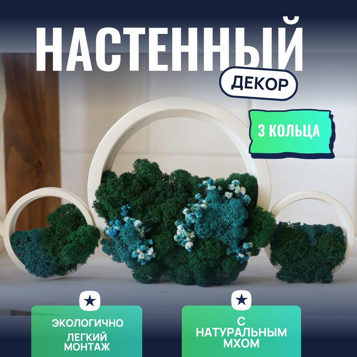 Настенный декор StabFlora, с мхом и гипсофилой, диаметр 10-2 штуки 20 см-1 штука, голубой, зеленый, белый
