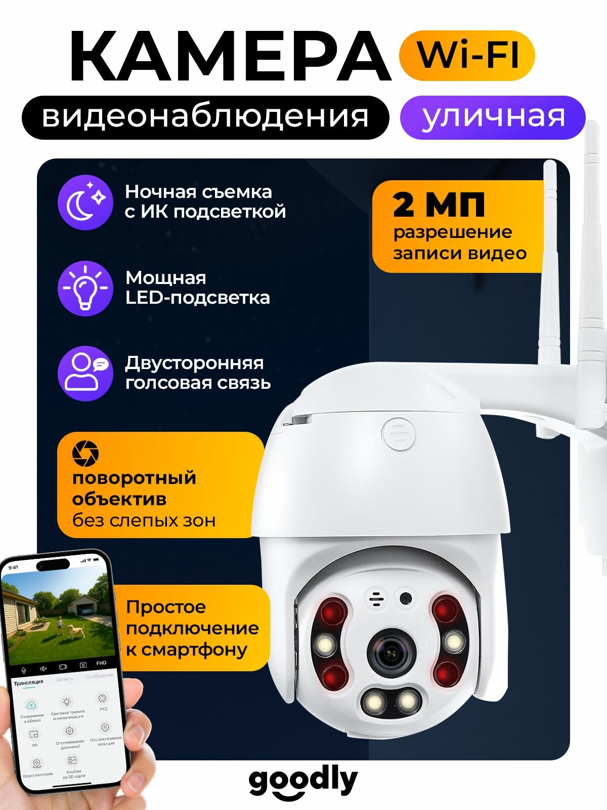 Уличная Wi-Fi камера Goodly Smart Camera, 2 МП, 360°, ночное видение, датчик движения, микрофон, белый