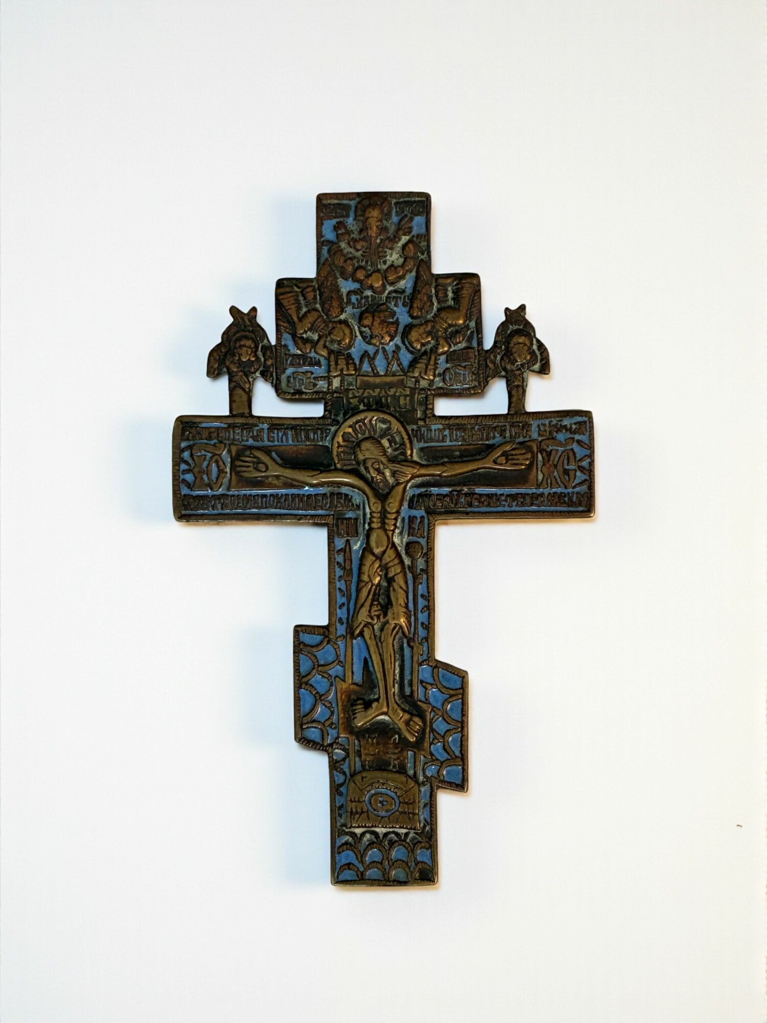 Антикварный крест Распятие Христово, бронза, эмаль, 1950-е г.
