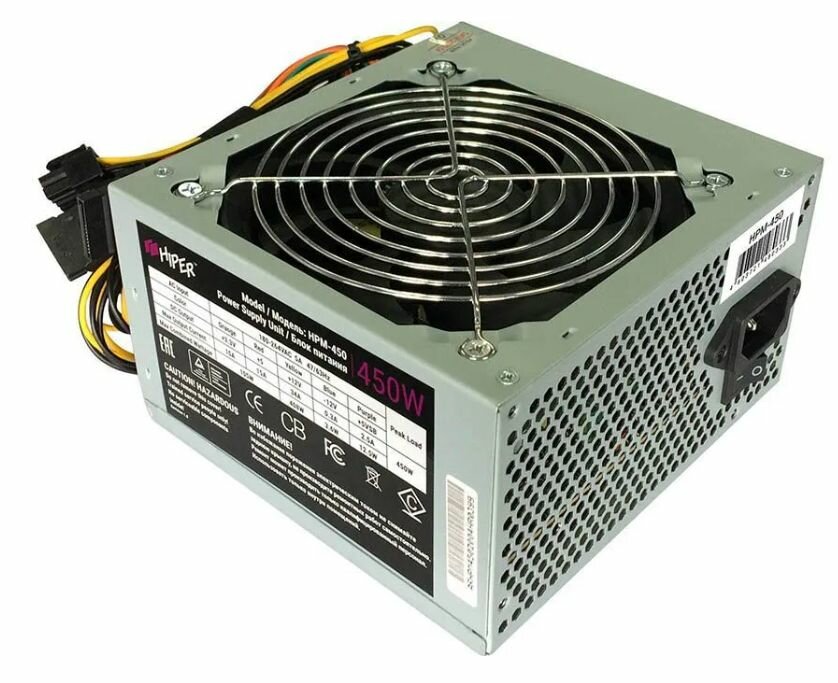 Блок питания HIPER HPM-450 (HPM-450) серый - 450 Вт, ATX 20+4 пин, 4 pin + 4 pin CPU, 3 SATA, 1 x 6+2 pin PCI-E