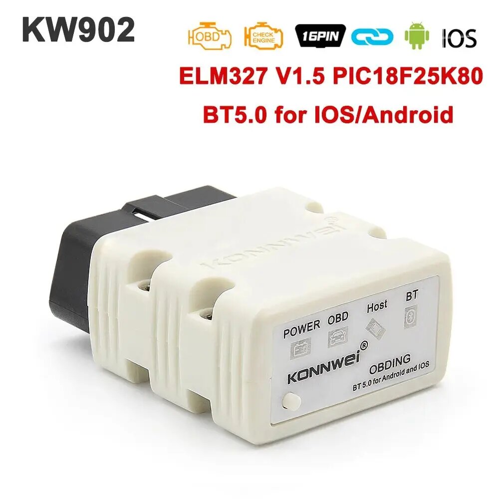 KONNWEI ELM327 V1.5 Автоматический сканер Bluetooth 5.0 KW902 OBD2 Автомобильный диагностический инструмент ELM 327 V 1 5 OBD 2-кодовый считыватель для Android iOS, KW902 BT5.0 White