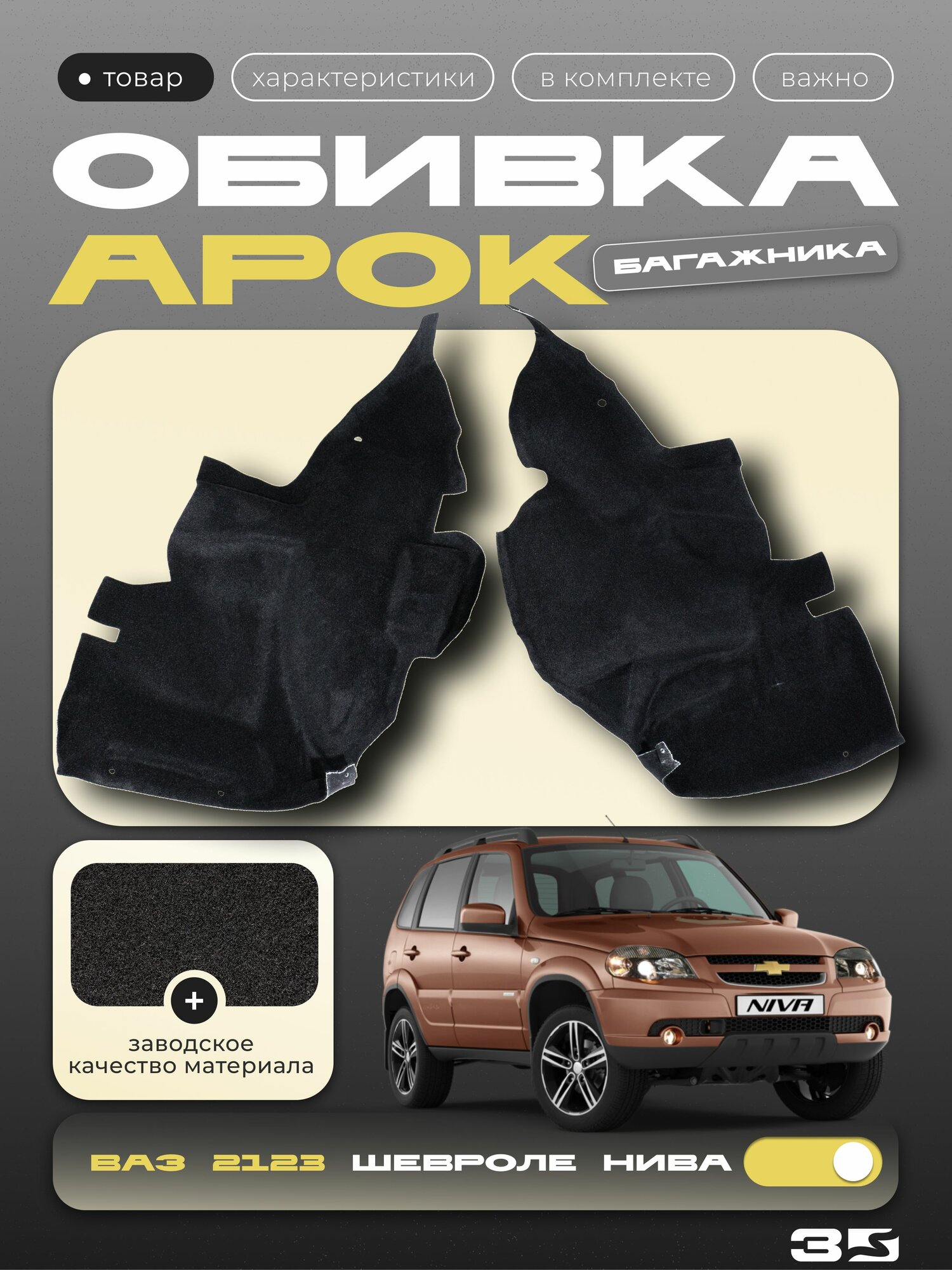 Обивка (обшивка) арок багажника (Формованная) из ворса для Шеви Нивы/Тревел, ВАЗ 2123 из 2 частей