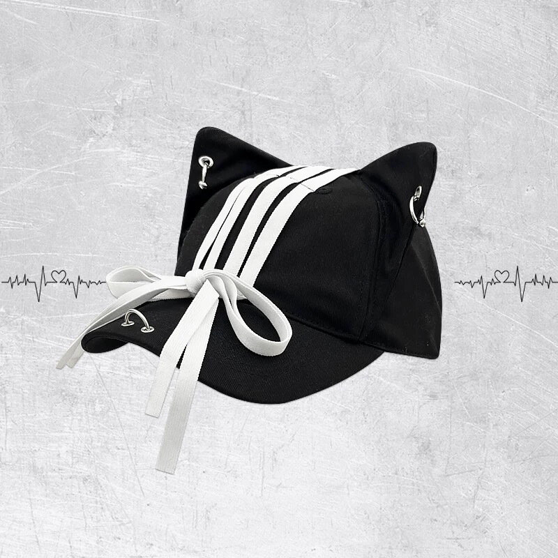 Новинка 2025 года, бейсбольная кепка с кошачьими ушками для девочек, милая и крутая Y2K, голова демона, темная серия, с ремешком и бантом, кошачьи уши