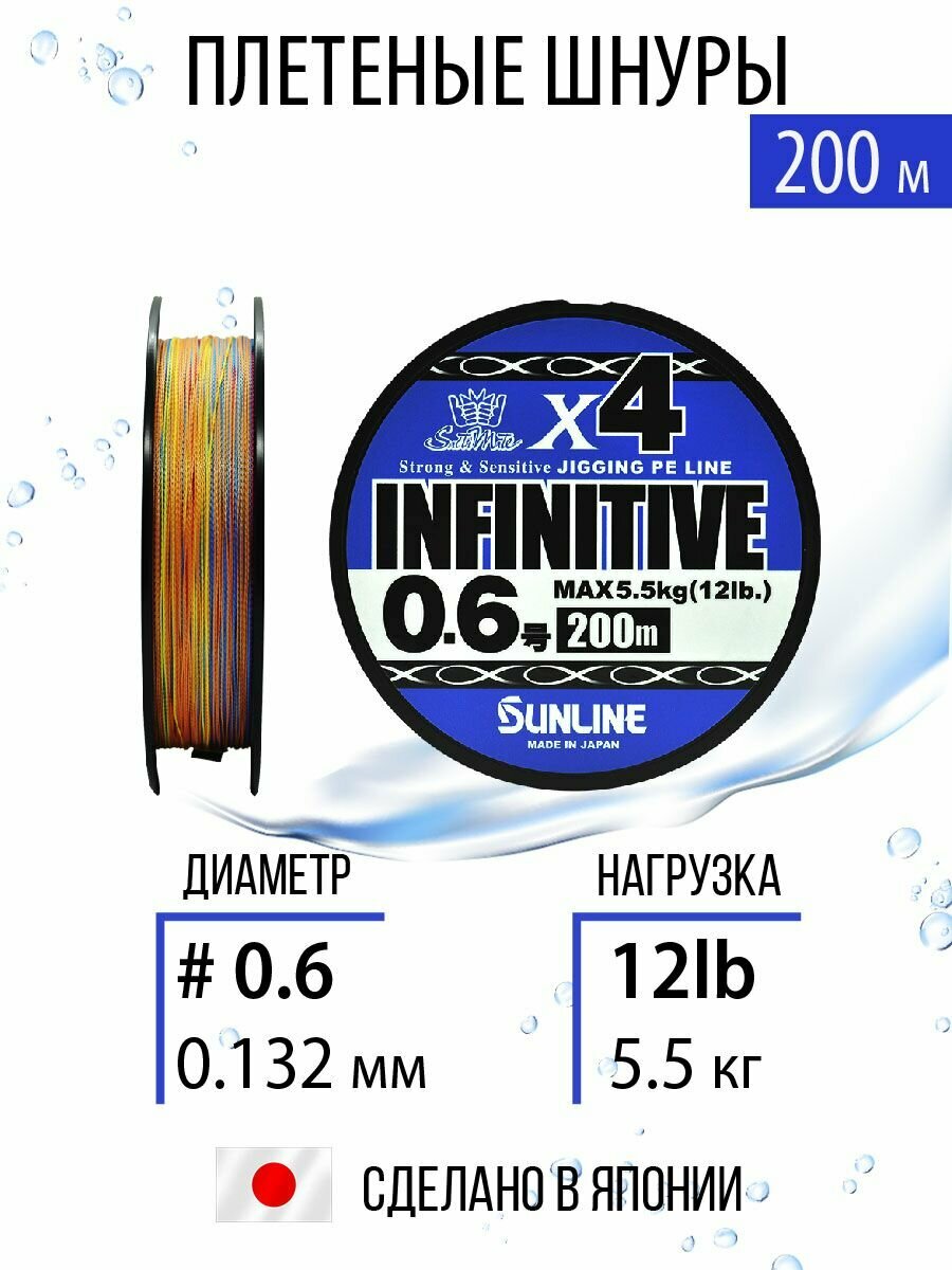 Плетёный шнур для рыбалки Sunline INFINITIVE x4 #0.6/12lb 200m Multi Color леска рыболовная