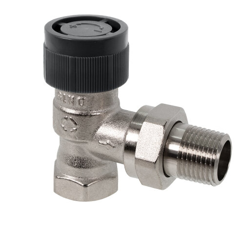 Вентиль Oventrop AR, термостатический, без преднастройки, угловой, DN-20, 3/4", 3/4", ВН, латунь никелированная, НГ со штуцером, черный колпачок