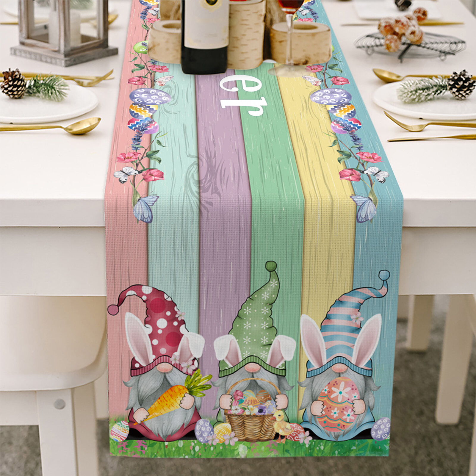 Аксессуар для Пасхи, Настольная дорожка "Счастливая Пасха", 13x70 дюймов, Декор скатерти из яиц с кроликами-гномами