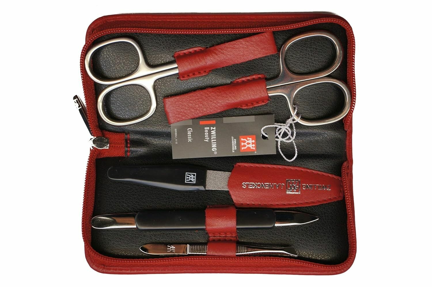 Маникюрный набор ZWILLING Classic Inox пр-ва Германии, оригинал, 5 предметов, футляр из натуральной кожи, красный