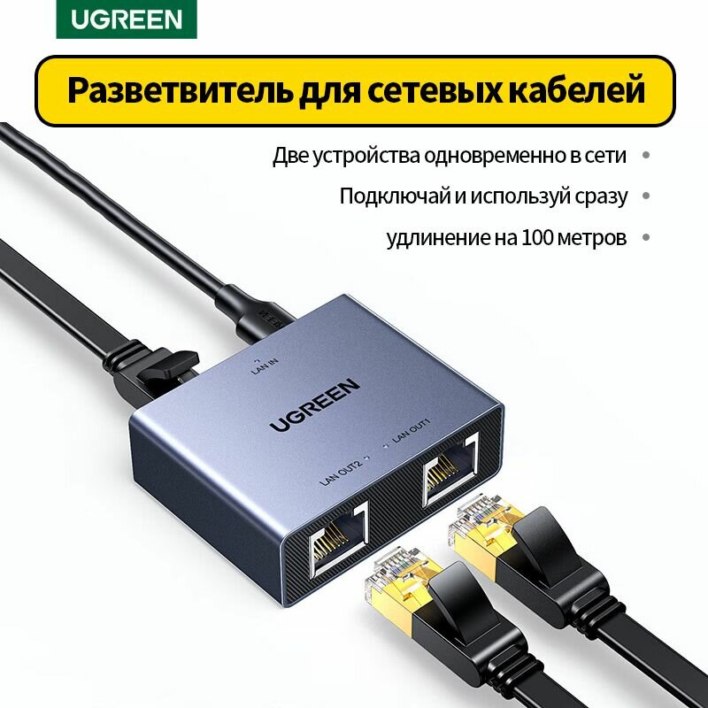 UGREEN Разветвитель для сетевых кабелей 1 на 2 Свитч 1000 Мбит