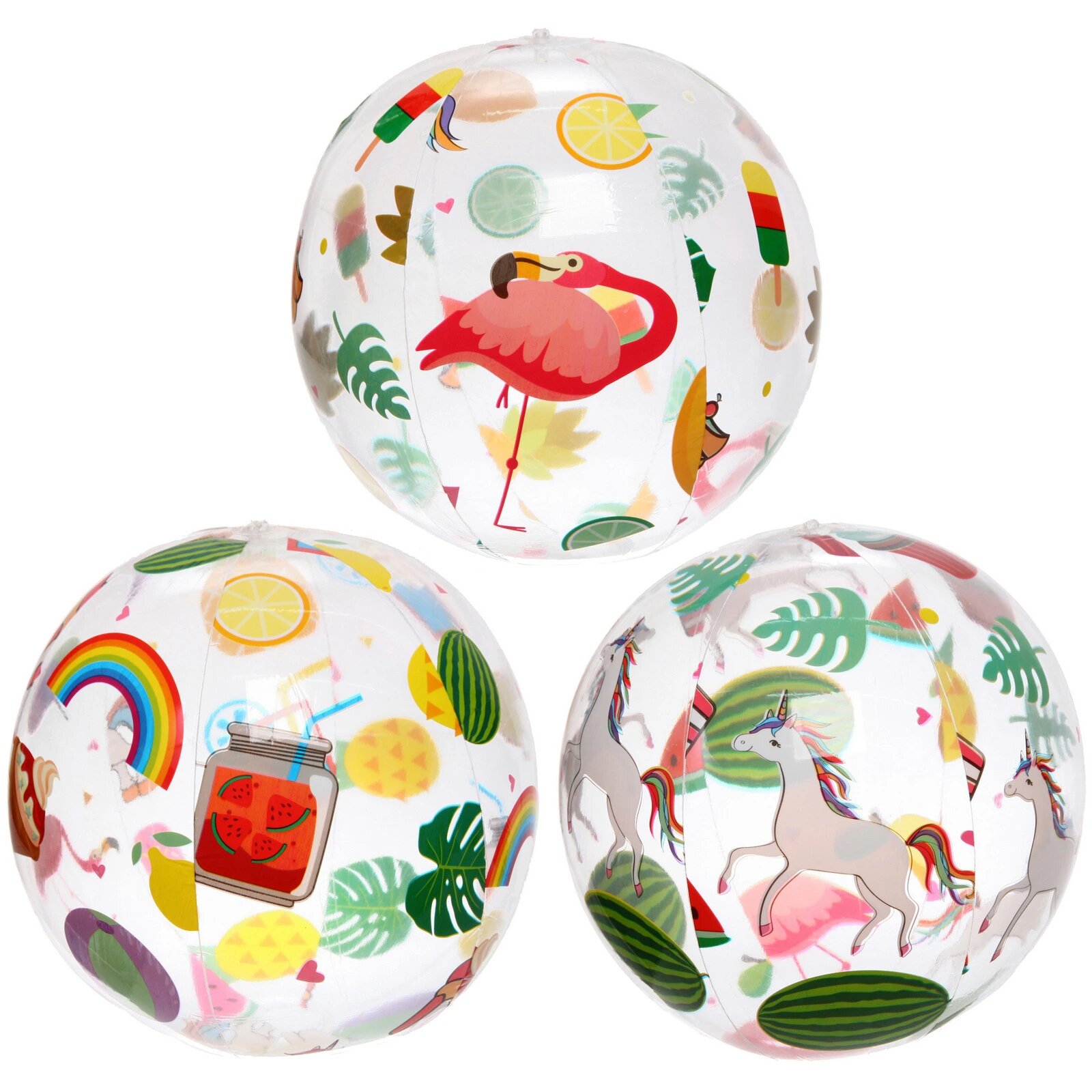 Мяч пляжный 46 см, прозрачный ПВХ, летний дизайн с фламинго, единорогами, фруктами, разноцветный принт