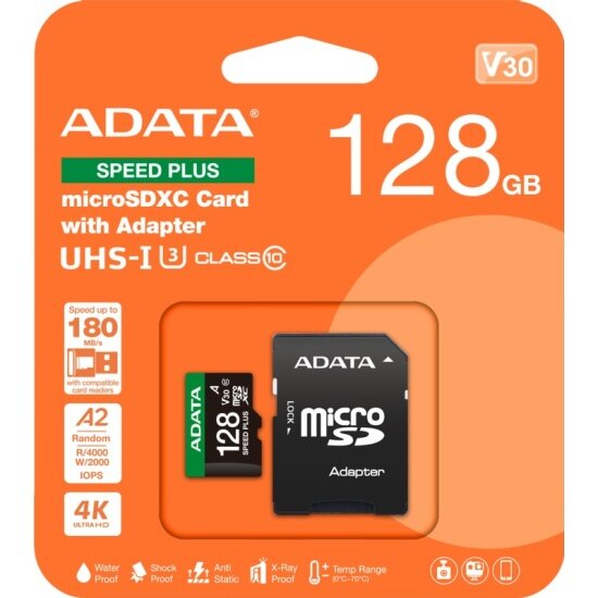 Карта памяти Adata microSDXC 128Gb Speed Plus UHS-I U3 V30 A2 + ADP (180/160 Mb/s)