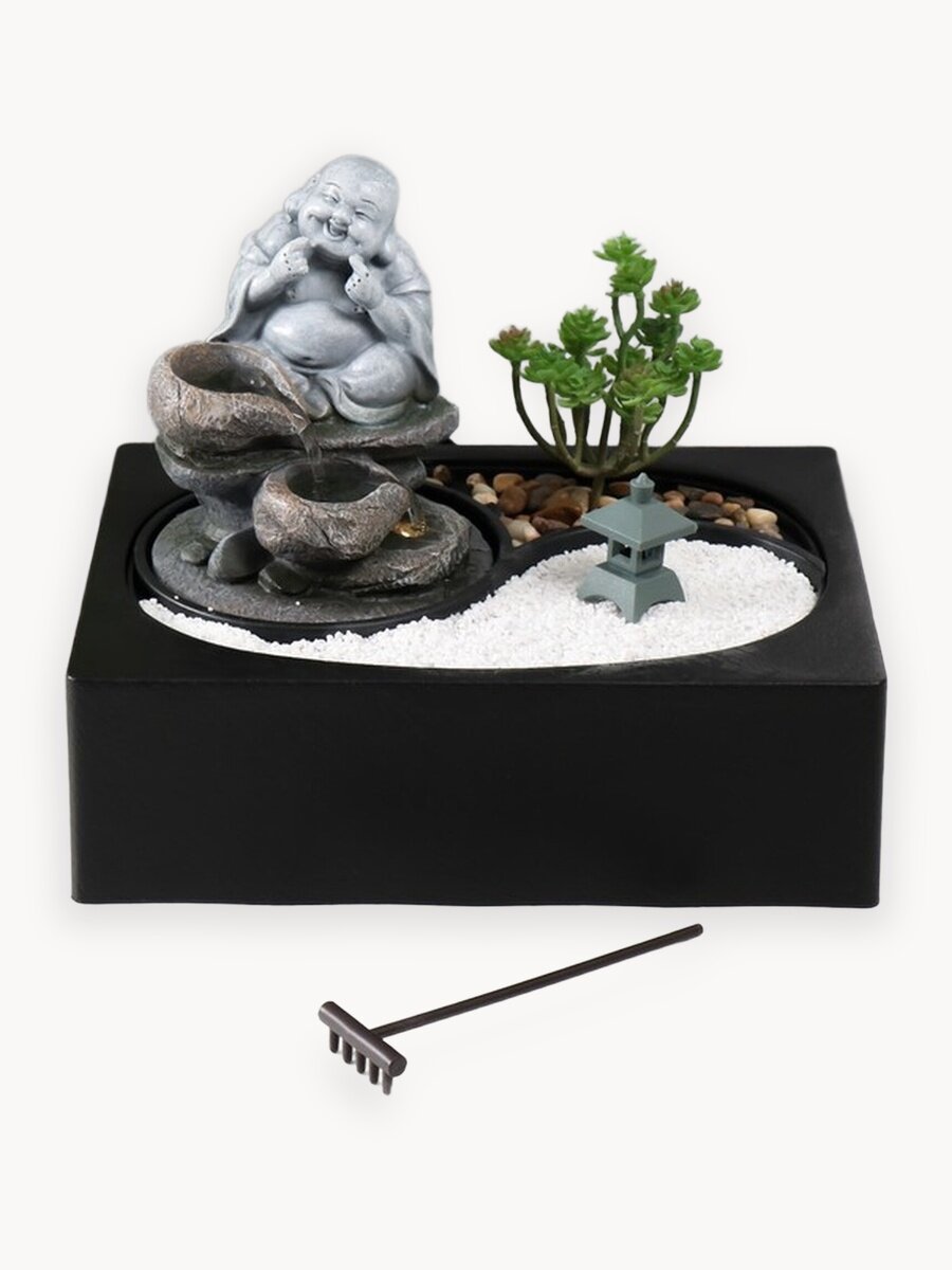 Фонтан настольный, японский сад камней «Хотей на камнях», от сети с подсветкой, 29×21×22 см