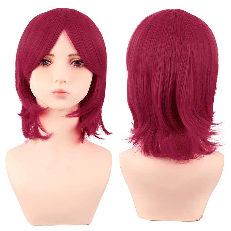 Косплей короткая парик 40 см высокотемпературный шелковый волос с боковой челкой в глубоком красном для женщин