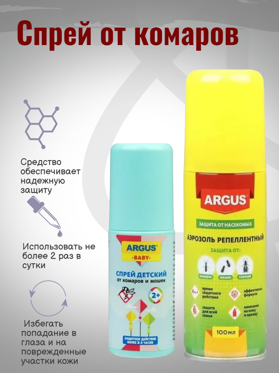 Аэрозоль, спрей от комаров, мошек и слепней 100 мл,75 мл