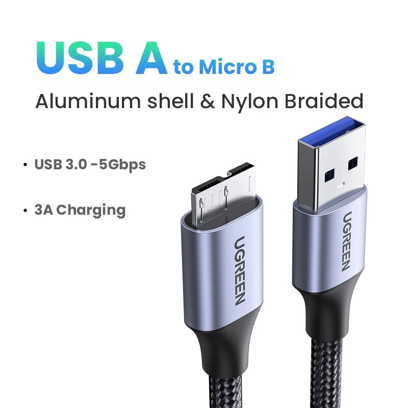 UGREEN Кабель Micro B USB 3.0 для жесткого диска 0.5m, Metal USB A