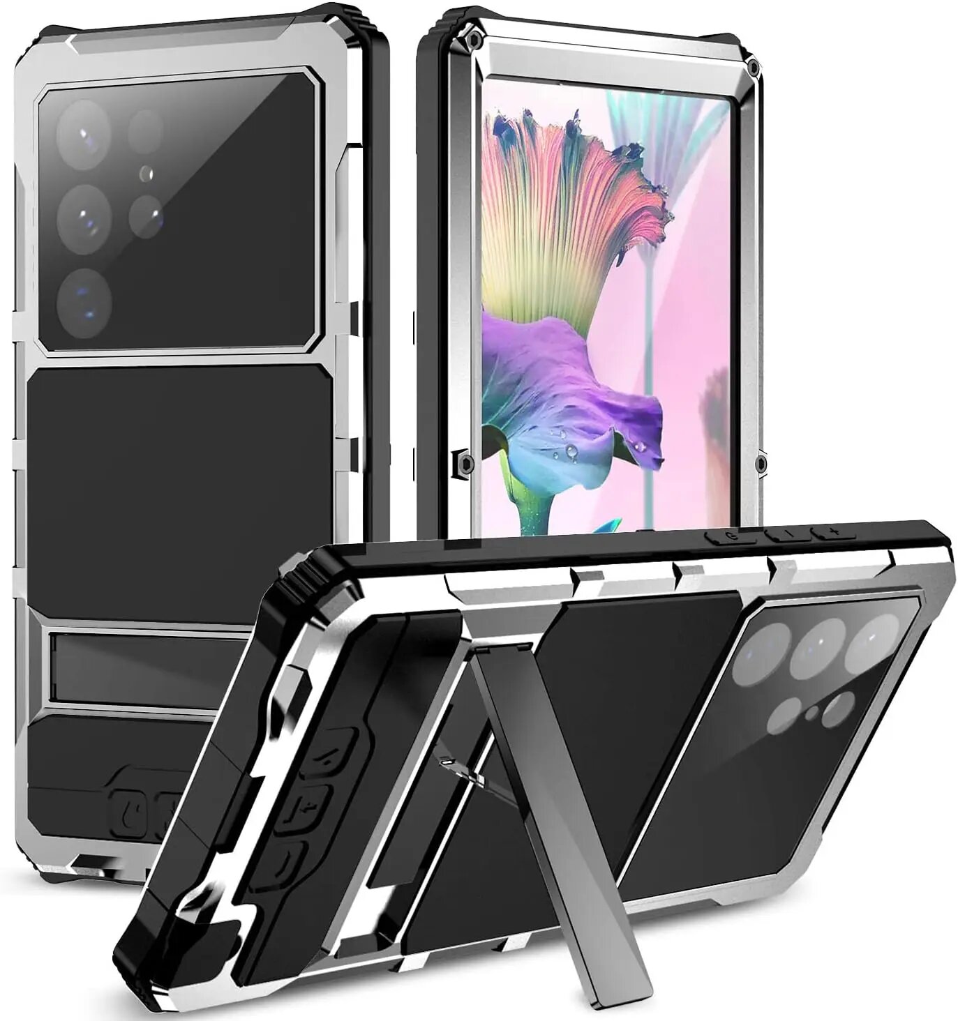 Чехол Samsung Galaxy S24 Ultra, серебряный, металлический, бронированный