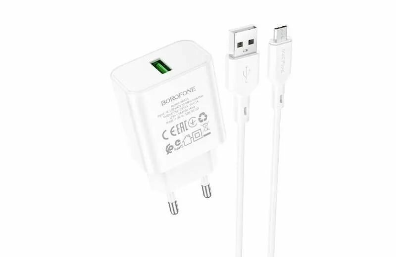 Зарядное устройство Borofone BA72A Spring 18W, QC3.0 + кабель MicroUSB, белый