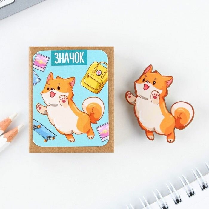 Значок Sima-land деревянный, "Песик", 3,4х3,5 см, цвет оранжевый/белый