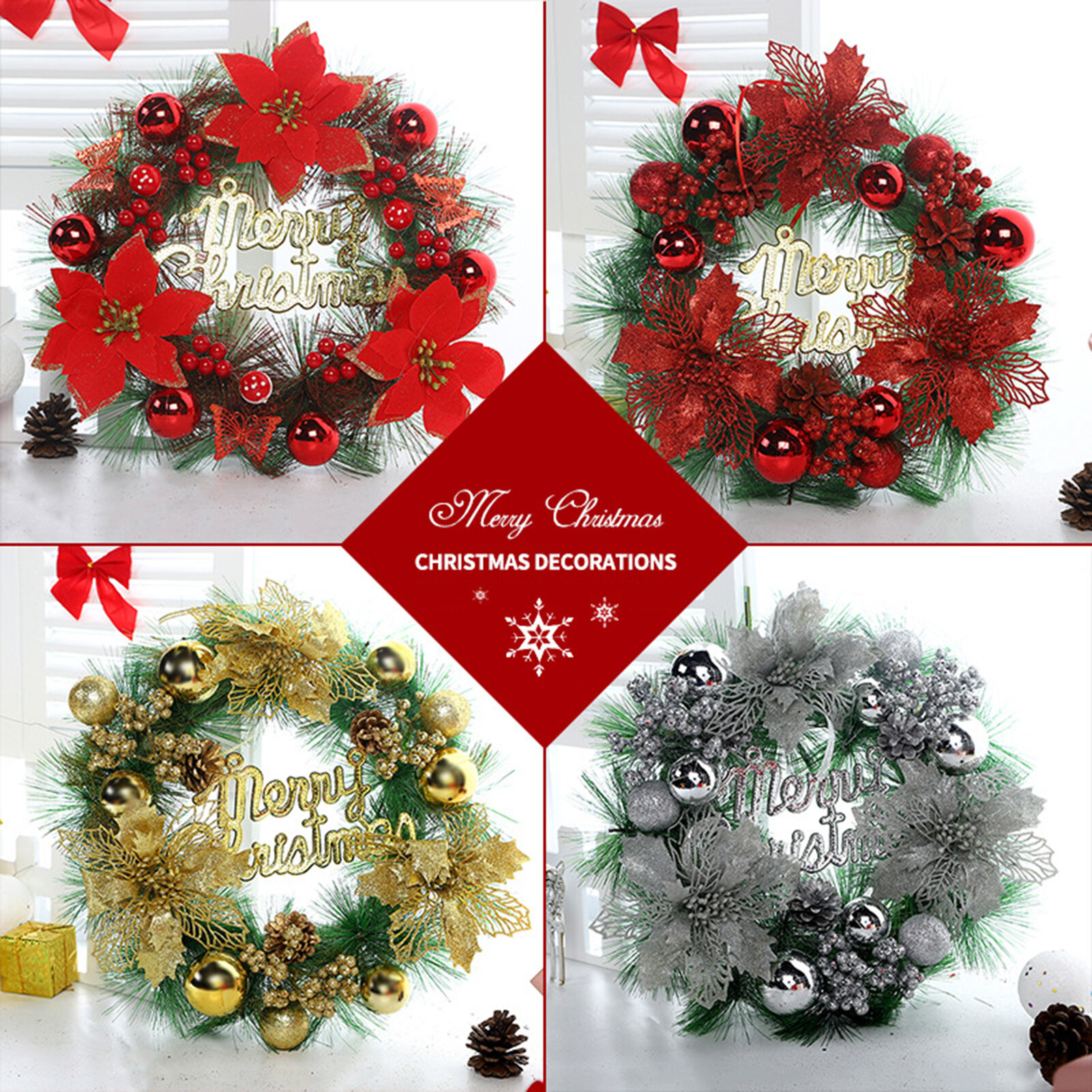 250mm Round Garland H-anging Ornament Wreath Decoration Christmas Decor Xmas Tree Ornaments Festival Holiday Home Daily Use