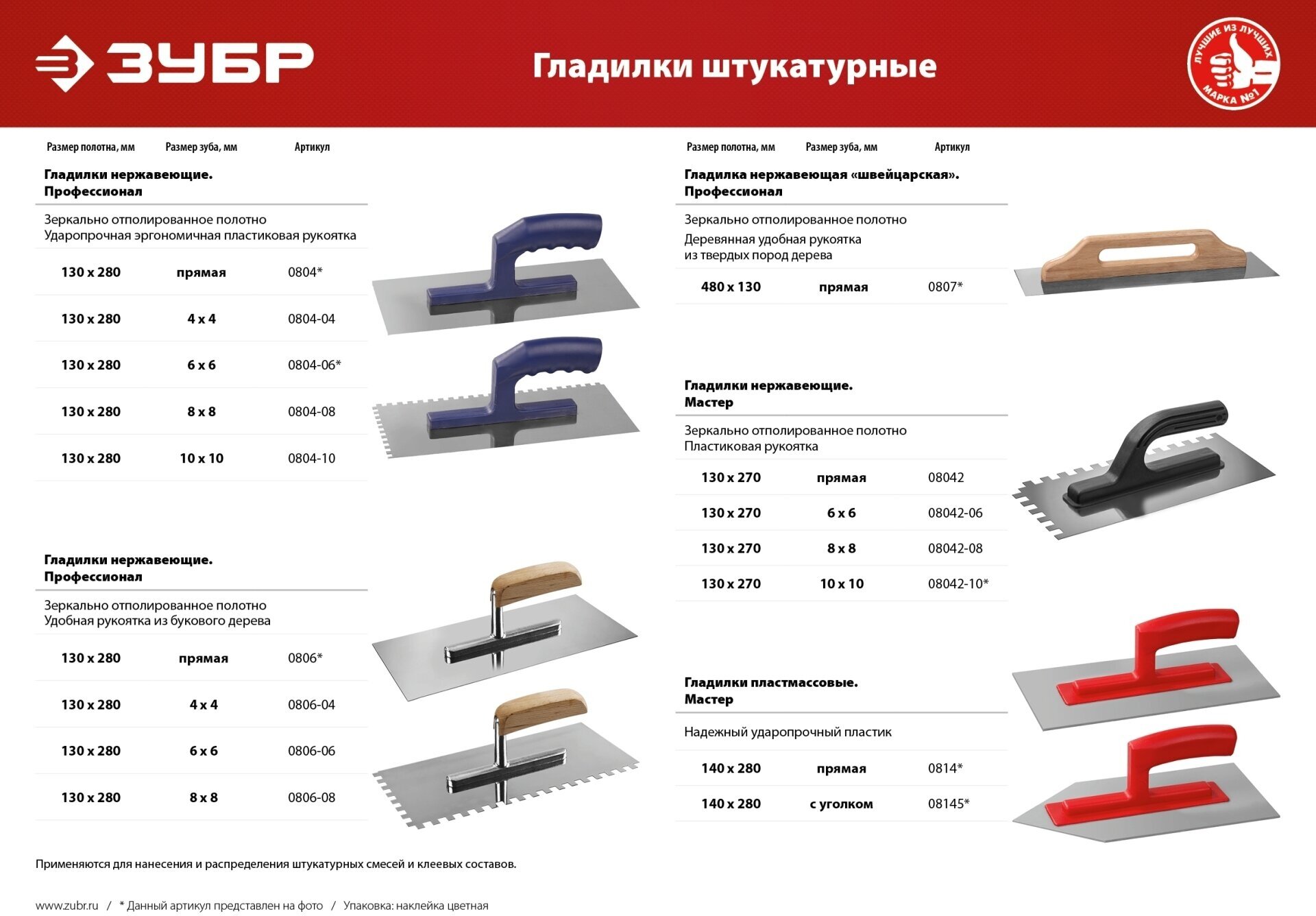 ЗУБР Мастер 130х270мм, 8х8 мм, гладилка штукатурная зубчатая нержавеющая с пластиковой ручкой