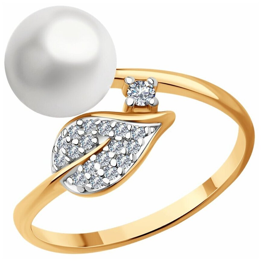 Кольцо, серебро, 925 проба, золочение, фианит, жемчуг пресноводный культивированный