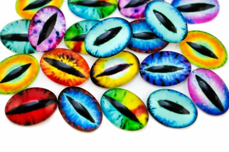 Кабошон стеклянный овальный с принтом Глаз 18х13х4мм, микс цветов, 2001-037, 10шт