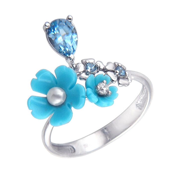Кольцо, серебро, 925 проба, фианит, жемчуг, топаз синтетический, шпинель, бирюза