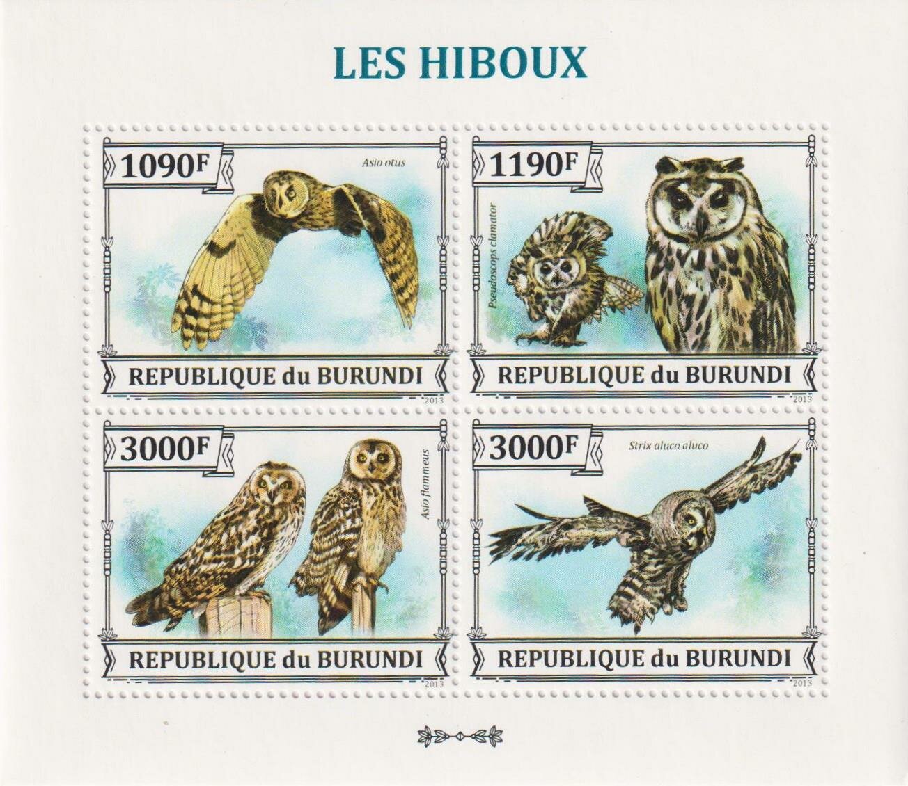 Почтовые марки Бурунди 2013г. "Птицы - Совы" Совы, Птицы MNH