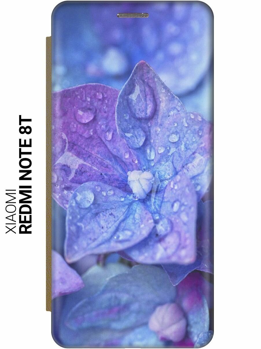 Чехол-книжка на Xiaomi Redmi Note 8T, Сяоми Редми Ноут 8Т с 3D принтом "Голубой цветочек" золотой