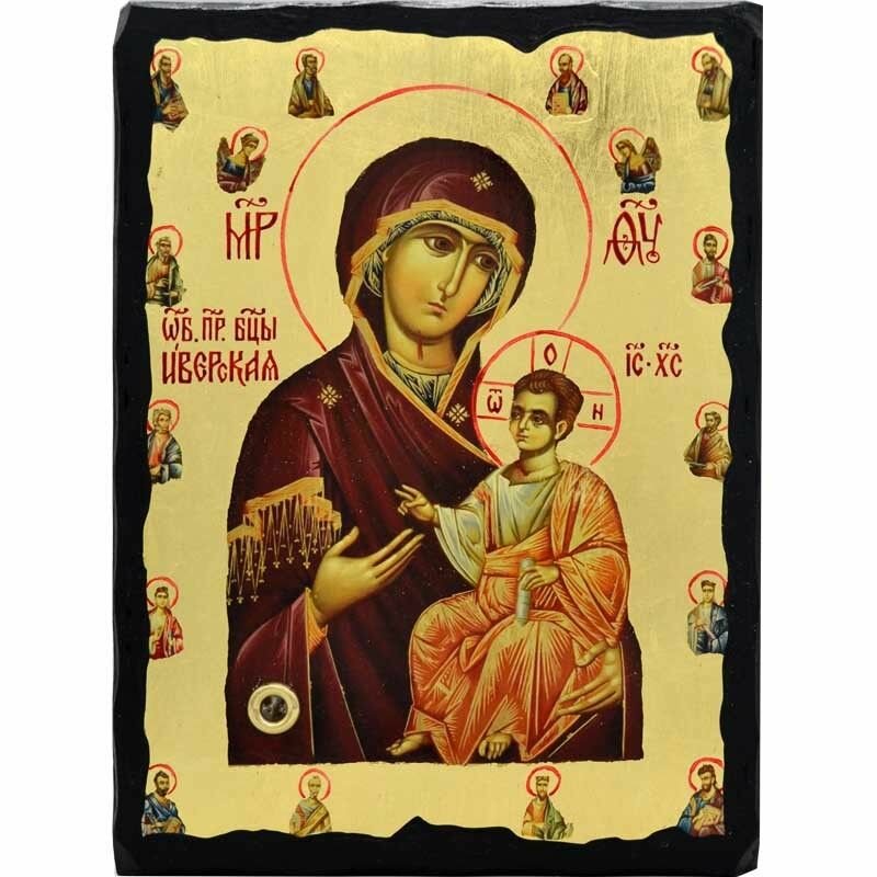 Иверская Божия Матерь. Афонская икона под старину с мощевиком. (13 х 16 см / На иконной доске.)