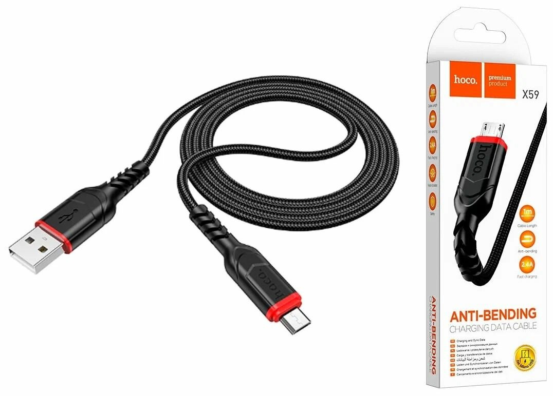 Кабель HOCO X59 Victory, USB-Micro USB, для зарядки и передачи данных, в тканевой оплетке, ток до 2.4 А, длина 1 метр, OR, черный