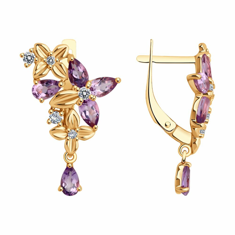 Серьги с подвесками, серебро, 925 проба, фианит, аметист