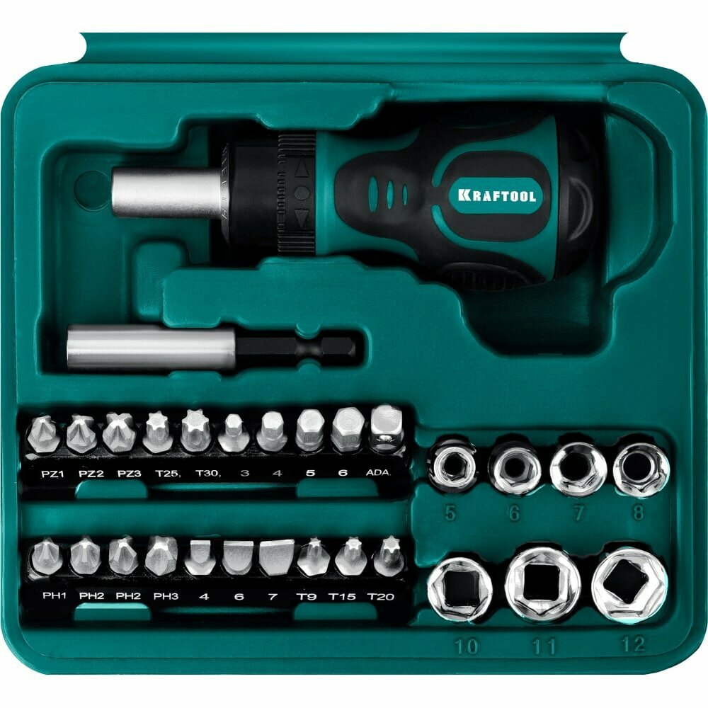 Реверсивная отвертка с насадками KRAFTOOL Kompakt-29 29 предметов 25556-H29, для закручивания