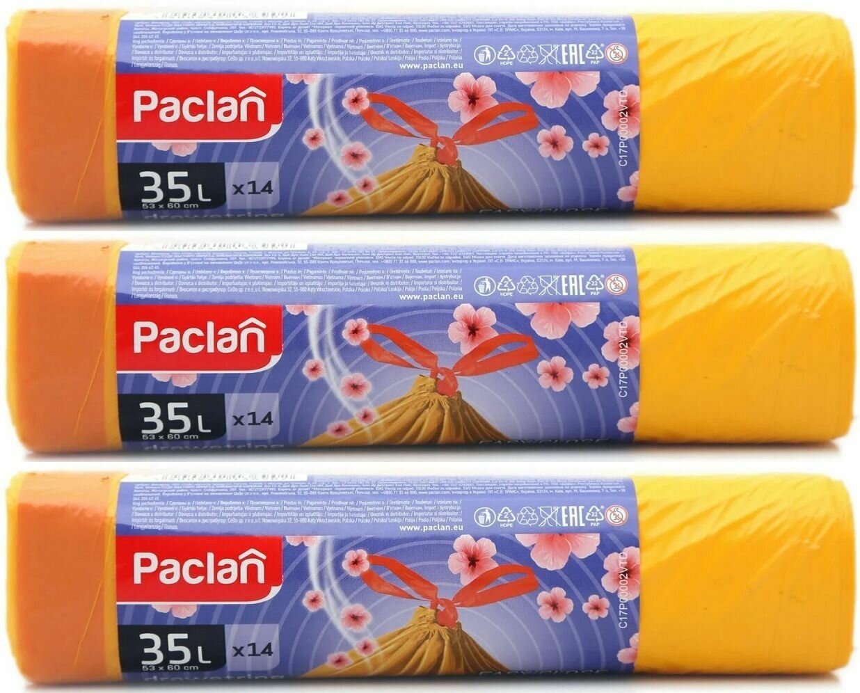 Paclan Мешки для мусора Aroma, с тесьмой, 35 л, 14 шт/рул, ПНД, 3 уп