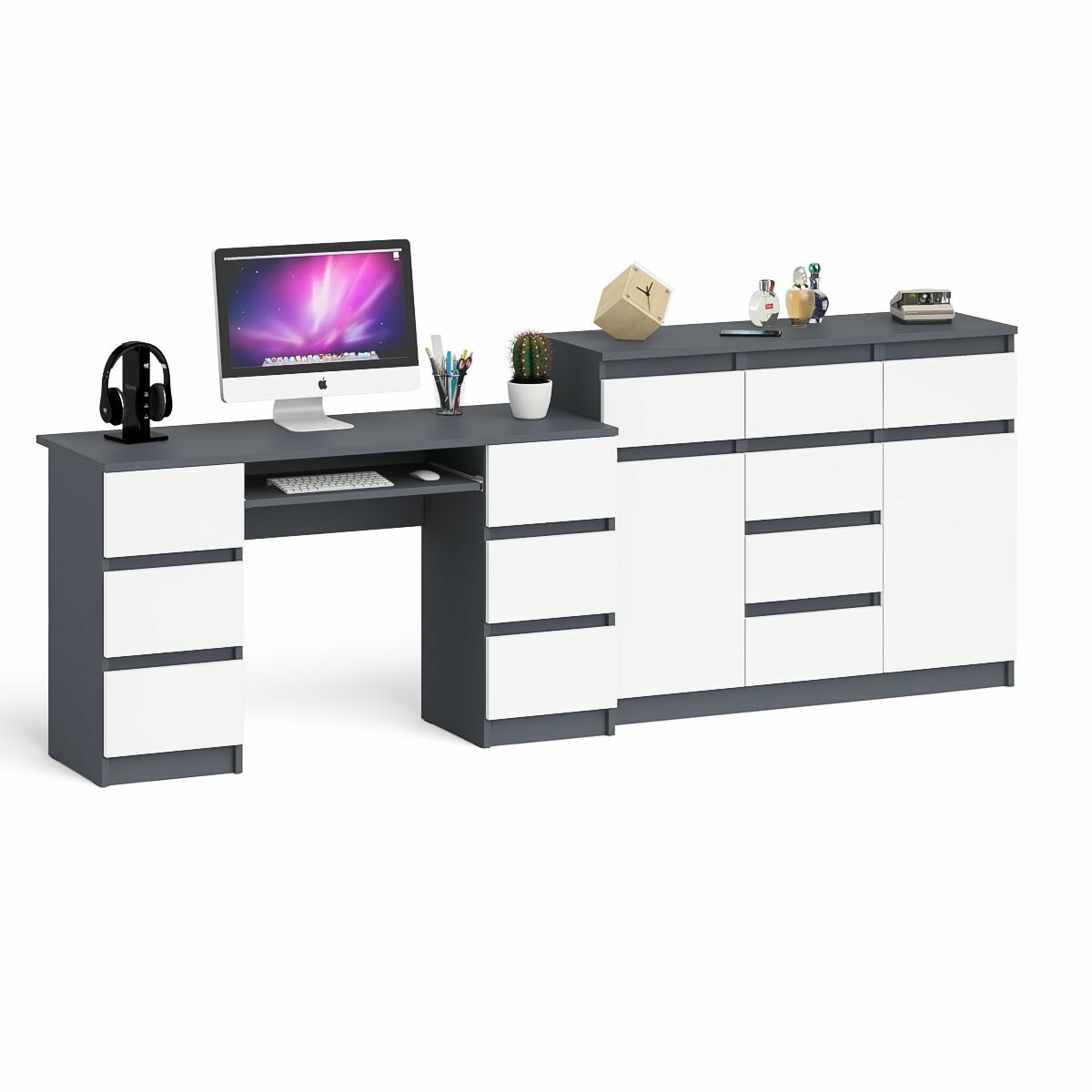 Двухтумбовый стол компьютерный СВК Мори МС-2 с ящиками и тумба-комод цвет графит/белый, 255,8х50х94 см.