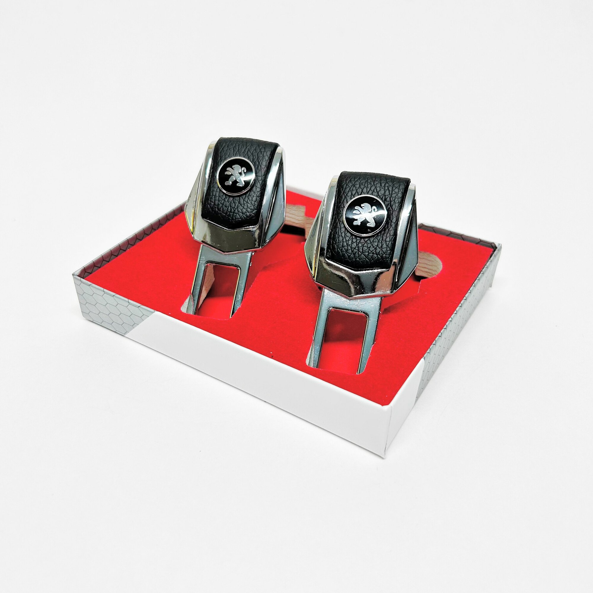 Заглушки ремня безопасности "PEUGEOT" / "пежо" металл+кожа комплект 2 шт.