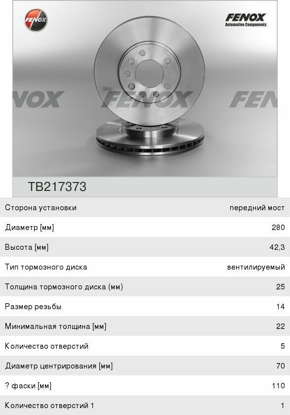 Диск тормозной передний вентилируемый Fenox Opel Astra/Zafira/Corsa арт. TB217373