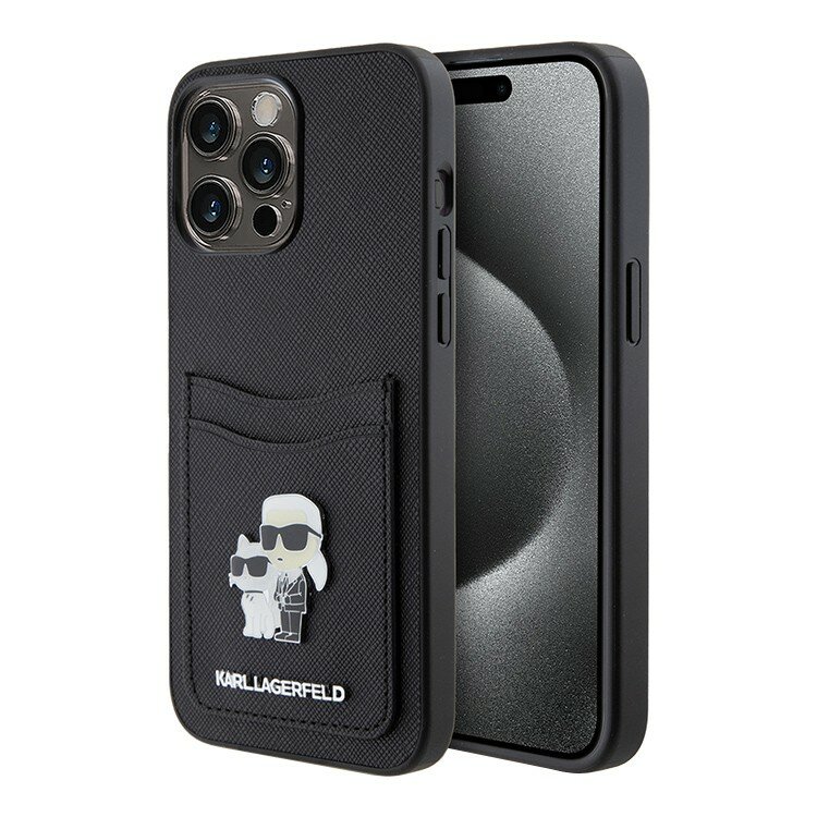 Karl Lagerfeld чехол с карманами для карт на iPhone 13 Pro Max, PU кожа Saffiano NFT Karl & Choupette metal, черный