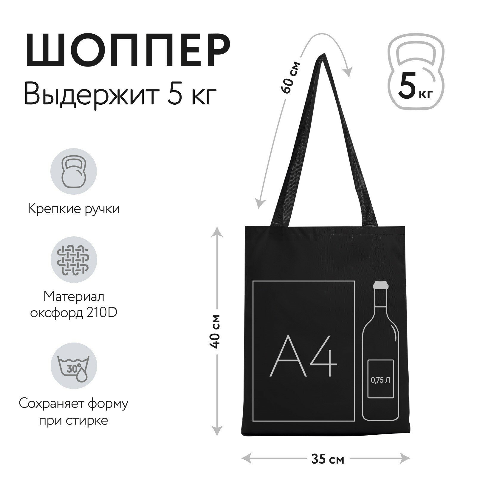 Сумка шоппер Сумка шопер, 35х0.5х40 см, текстиль, без подклада, черная