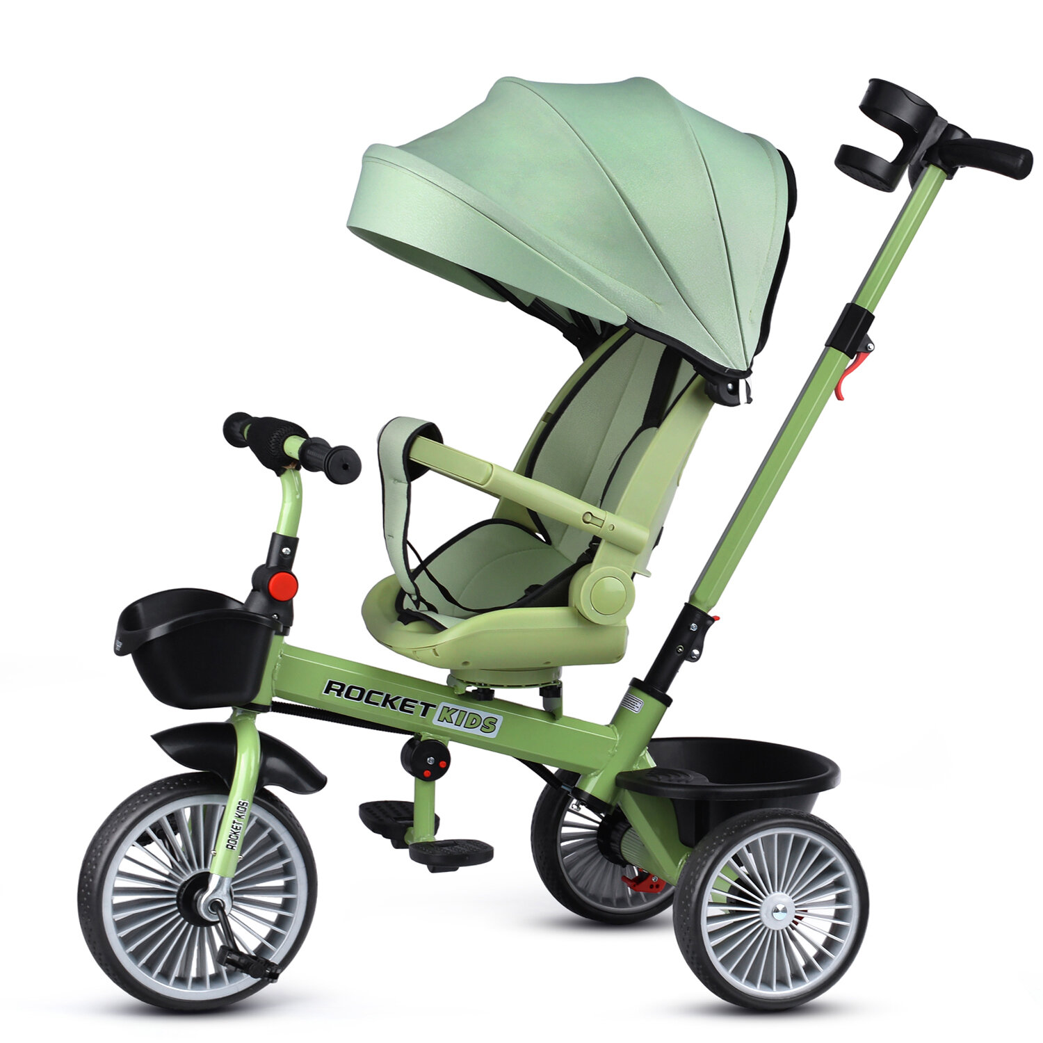 Велосипед MLX-510-PS трехколесный, с родительской ручкой и крышей. Спинка опускается до положения "лежа". Для детей 1-3 лет.