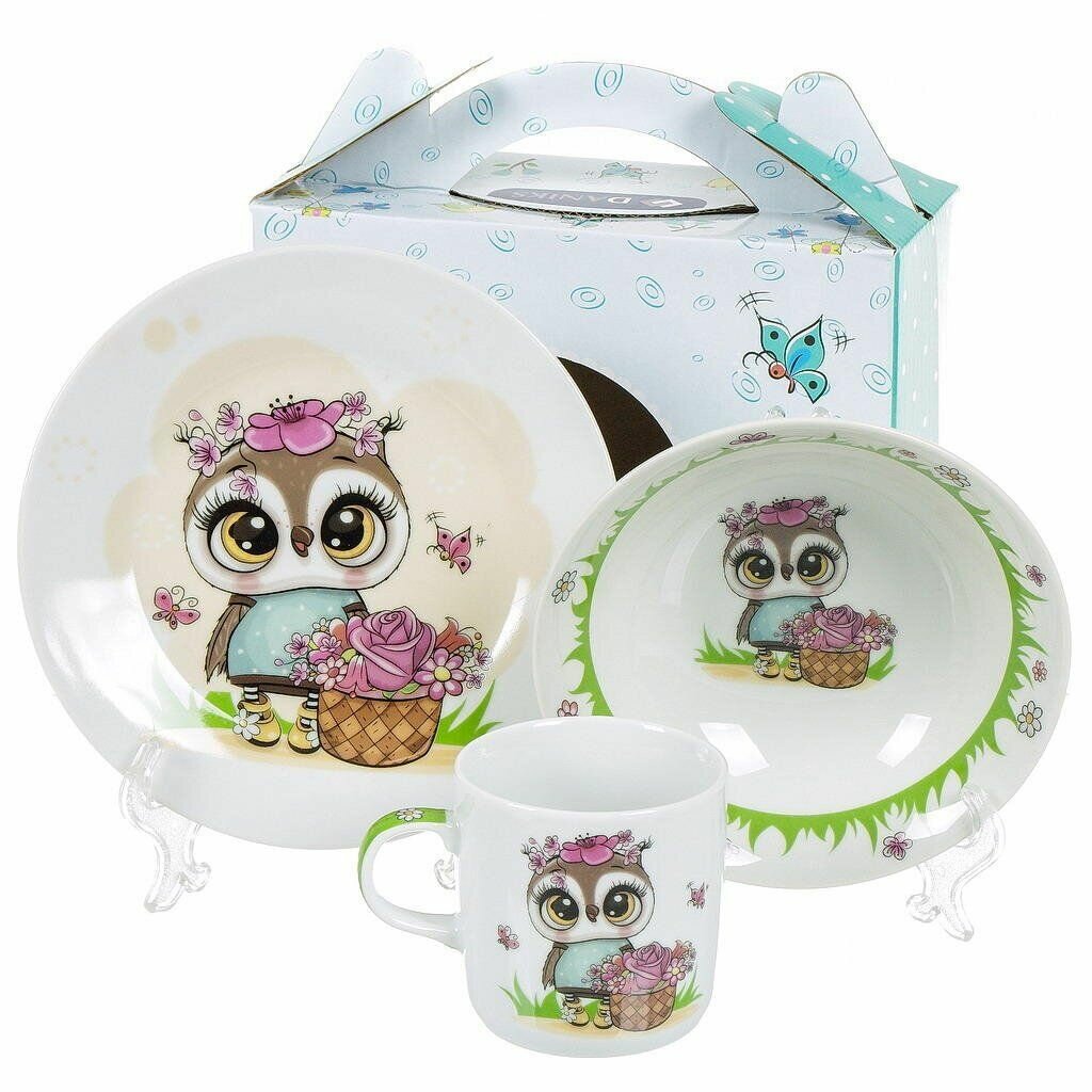 Детский набор посуды Сова с цветами 3 предмета