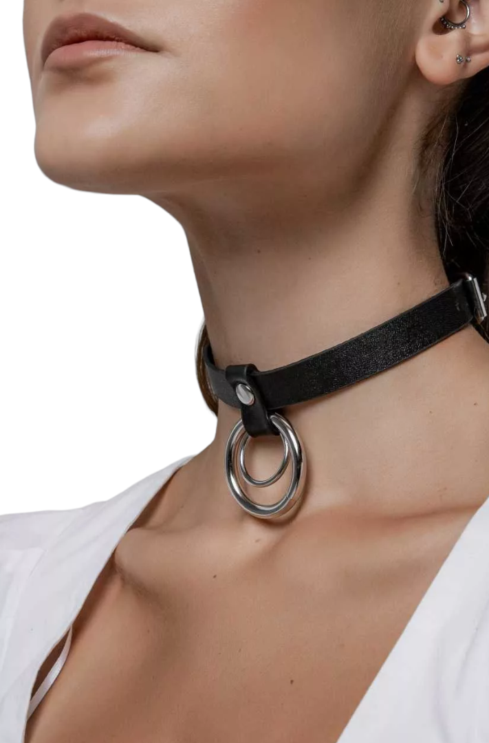 Чокер «Под кожей»универсальный натуральная кожа с кольцам, черный