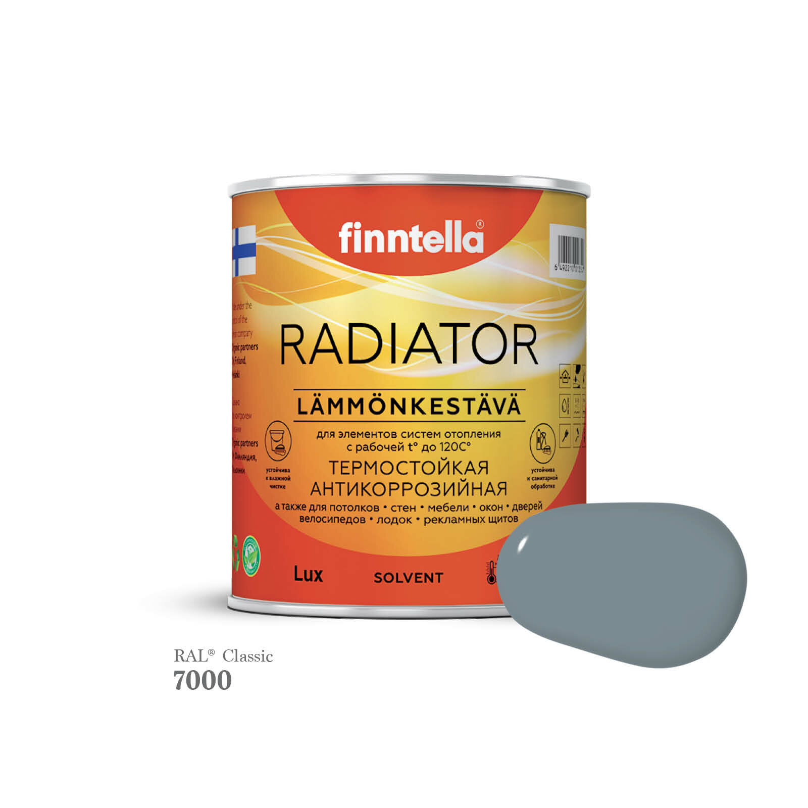 Краска для радиаторов быстросохнущая финская эмаль FINNTELLA RADIATOR, цвет RAL7000 , 0,9л