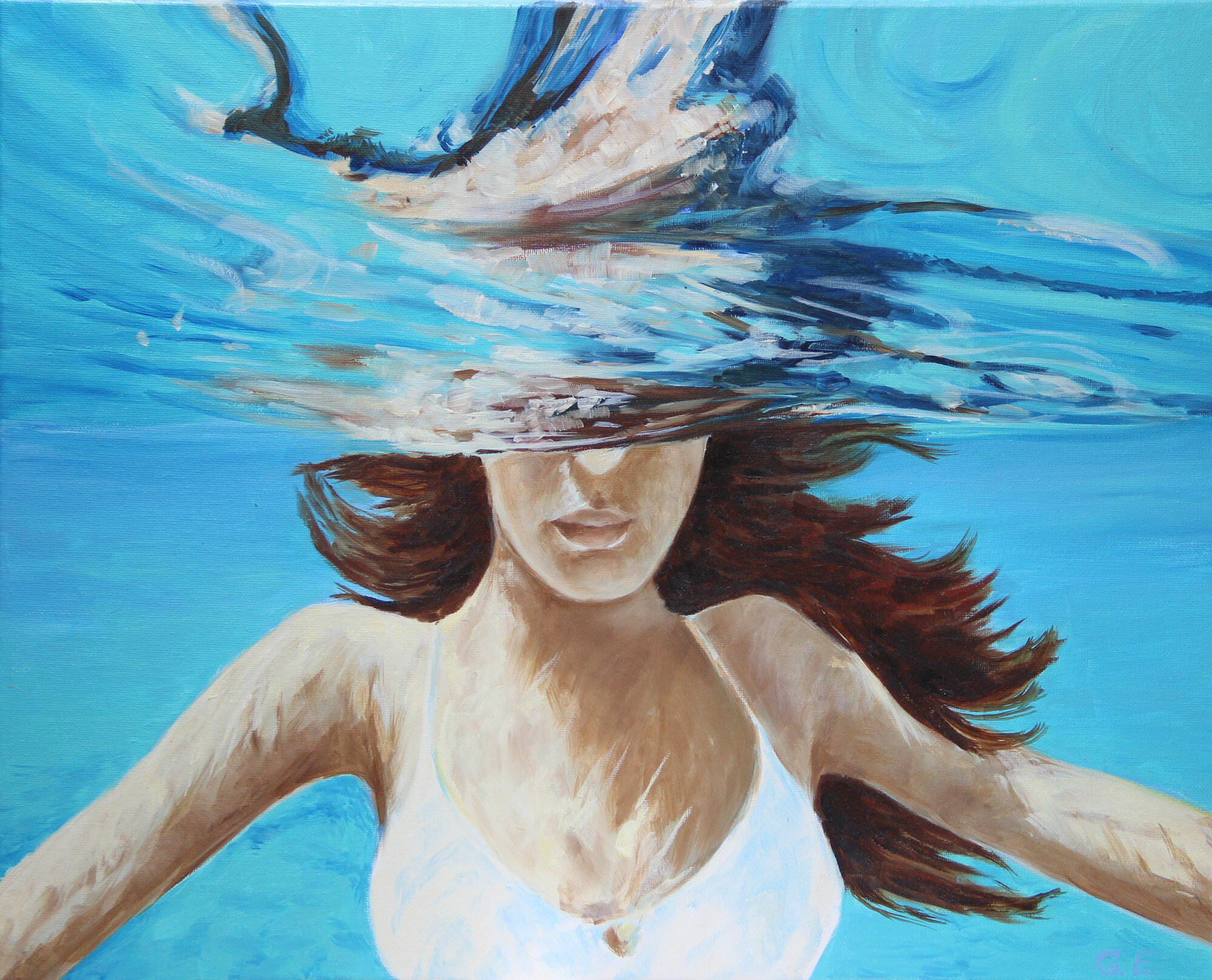 Картина маслом на холсте 40 на 50 см. Девушка в бассейне