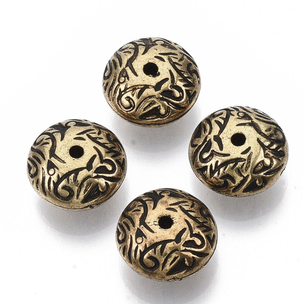 Бусина акриловая, 13х7мм, рондель с узорами, золотистая с чернением, 5 грамм