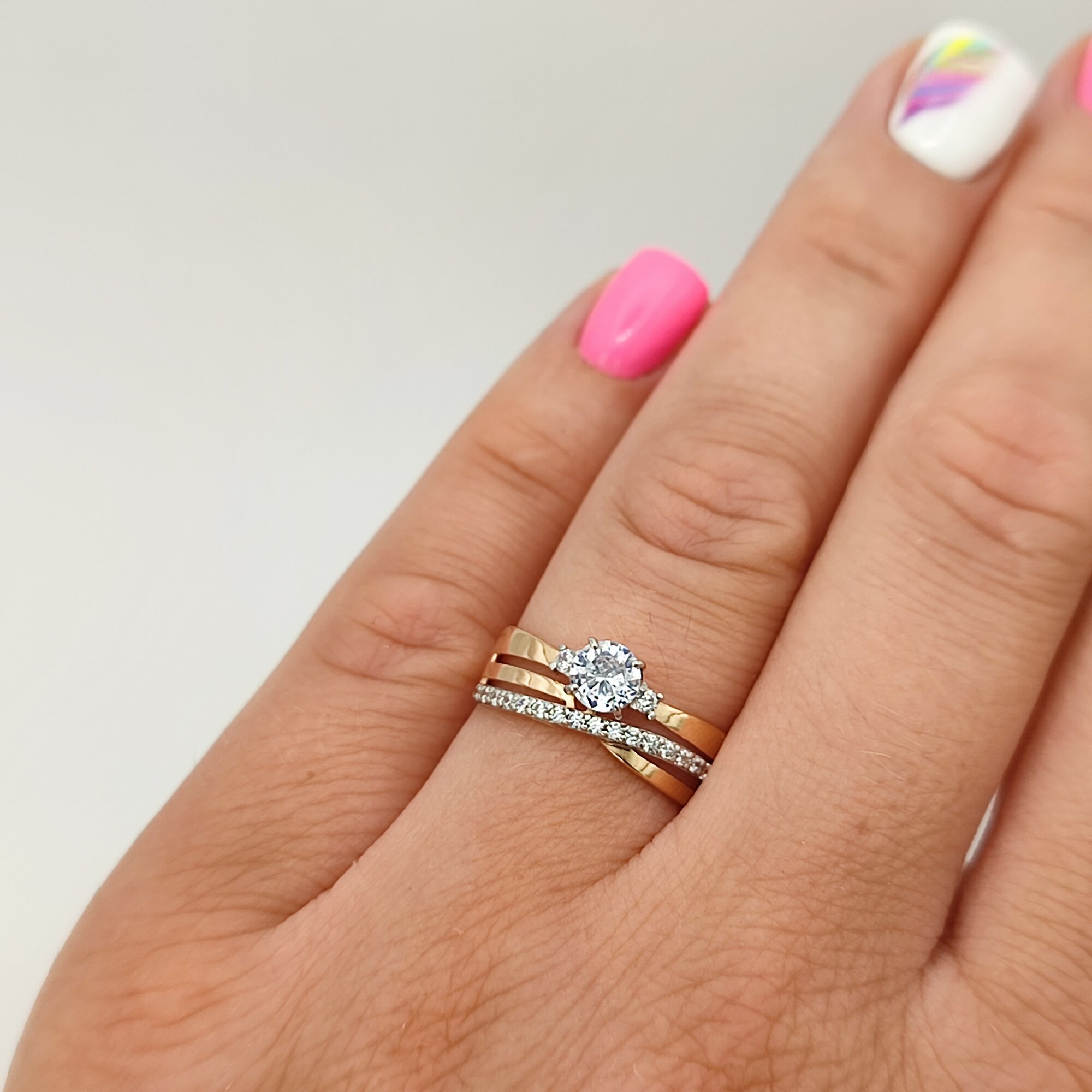 Кольцо помолвочное, широкое, красное золото, 585 проба, фианит